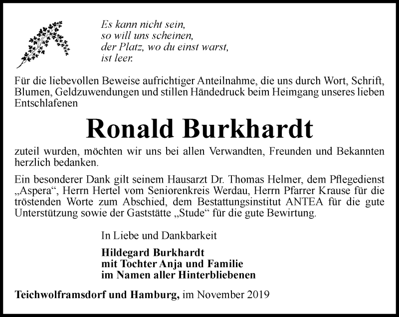 Traueranzeigen von Ronald Burkhardt | trauer-in-thueringen.de