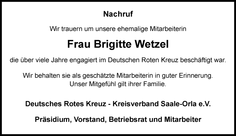 Traueranzeigen von Brigitte Wetzel | trauer-in-thueringen.de