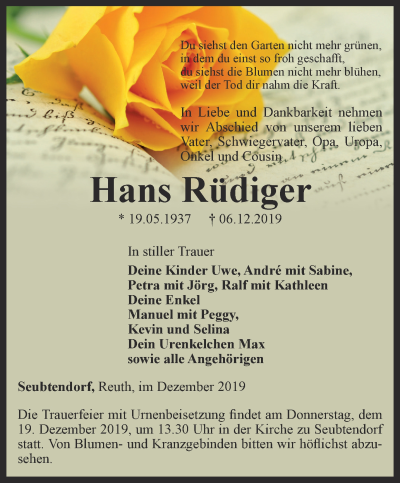 Traueranzeigen von Hans Rüdiger | trauer-in-thueringen.de