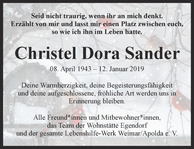 Traueranzeigen von Christel Dora Sander | trauer-in-thueringen.de