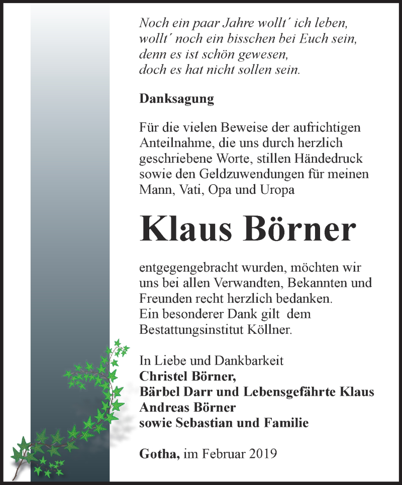 Traueranzeigen von Klaus Börner | trauer-in-thueringen.de