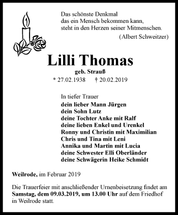 Traueranzeigen von Lilli Thomas | trauer-in-thueringen.de