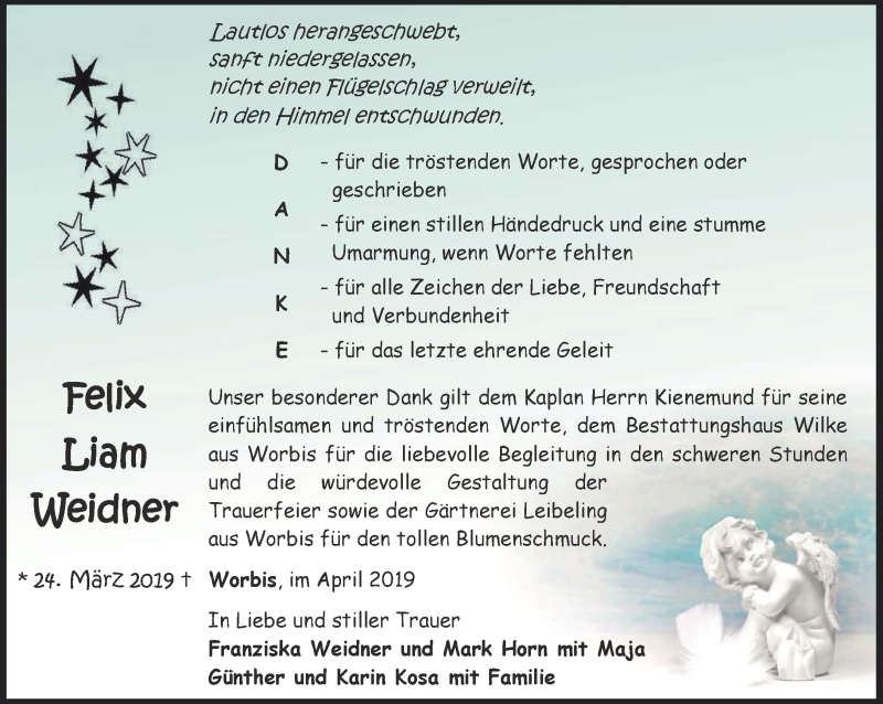 Traueranzeigen von Felix Liam Weidner | trauer-in-thueringen.de
