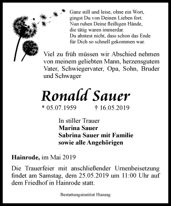 Traueranzeigen von Ronald Sauer | trauer-in-thueringen.de