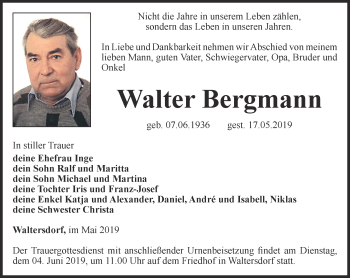 Traueranzeigen von Walter Bergmann | trauer-in-thueringen.de