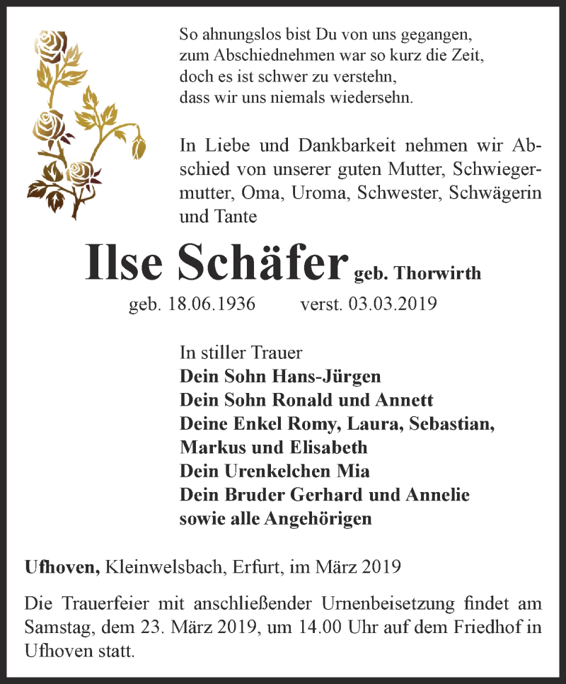 Traueranzeigen von Ilse Schäfer | trauer-in-thueringen.de