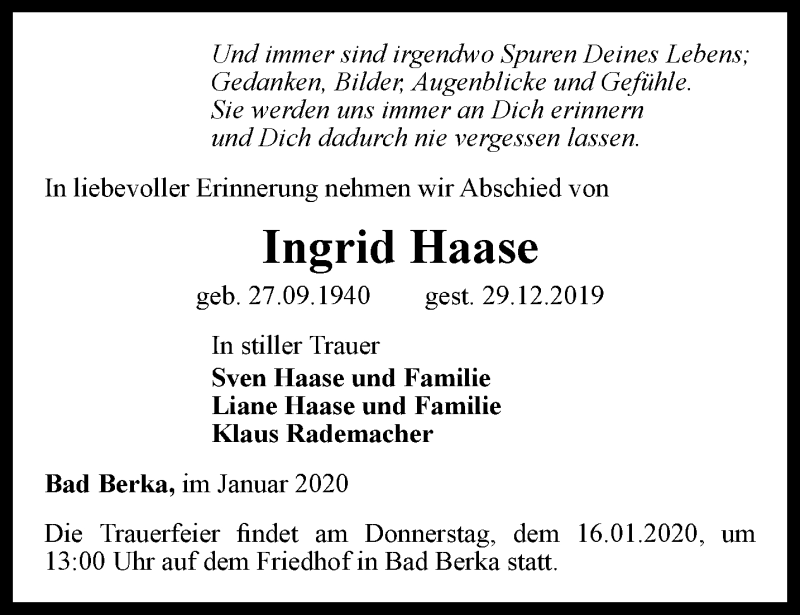 Traueranzeigen von Ingrid Haase | trauer-in-thueringen.de