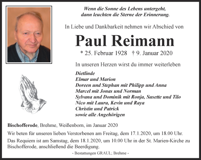 Traueranzeigen von Paul Reimann | trauer-in-thueringen.de