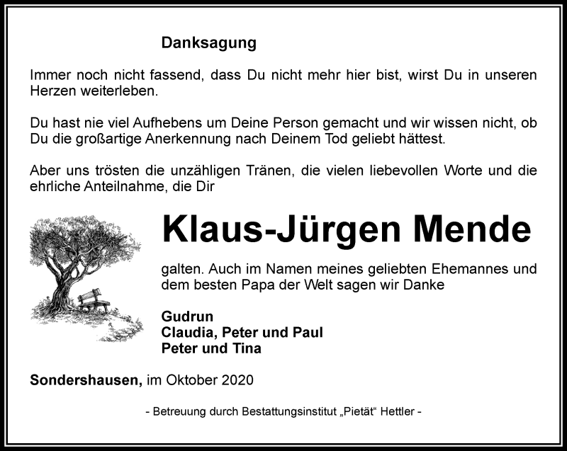 Traueranzeigen von Klaus-Jürgen Mende | trauer-in-thueringen.de