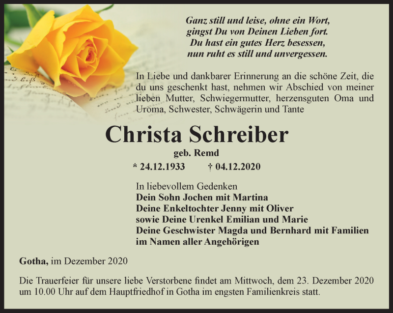 Traueranzeigen von Christa Schreiber | trauer-in-thueringen.de