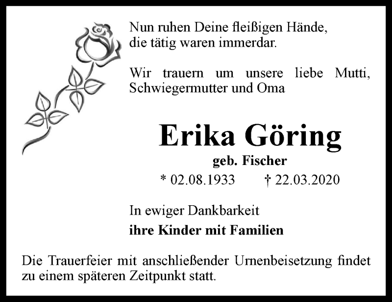 Traueranzeigen von Erika Göring | trauer-in-thueringen.de