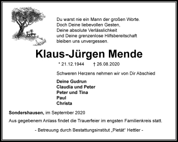 Traueranzeigen von Klaus-Jürgen Mende | trauer-in-thueringen.de