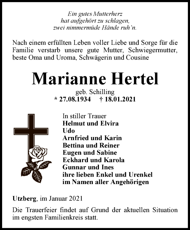 Traueranzeigen von Marianne Hertel | trauer-in-thueringen.de