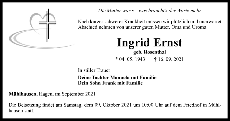 Traueranzeigen von Ingrid Ernst | trauer-in-thueringen.de