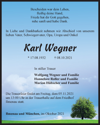 Traueranzeigen von Karl Wegner | trauer-in-thueringen.de