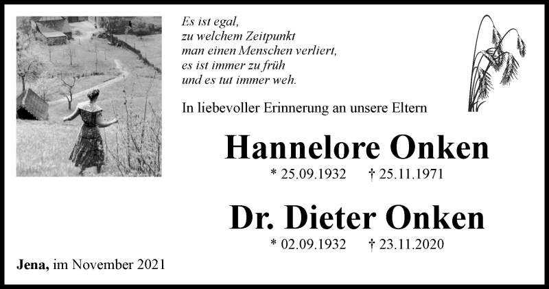 Traueranzeigen von Hannelore und Dieter Onken | trauer-in-thueringen.de