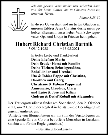 Traueranzeigen von Hubert Richard Christian Bartnik | trauer-in ...
