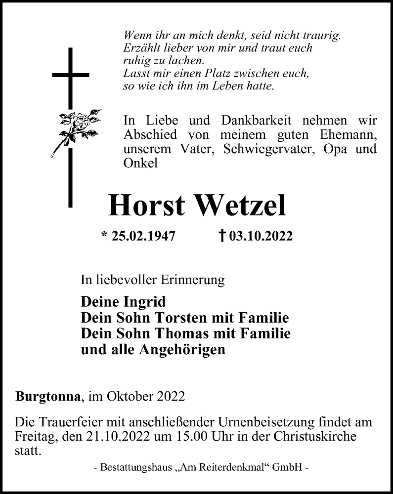 Traueranzeigen von Horst Wetzel | trauer-in-thueringen.de