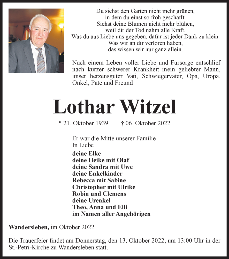Traueranzeigen von Lothar Witzel | trauer-in-thueringen.de