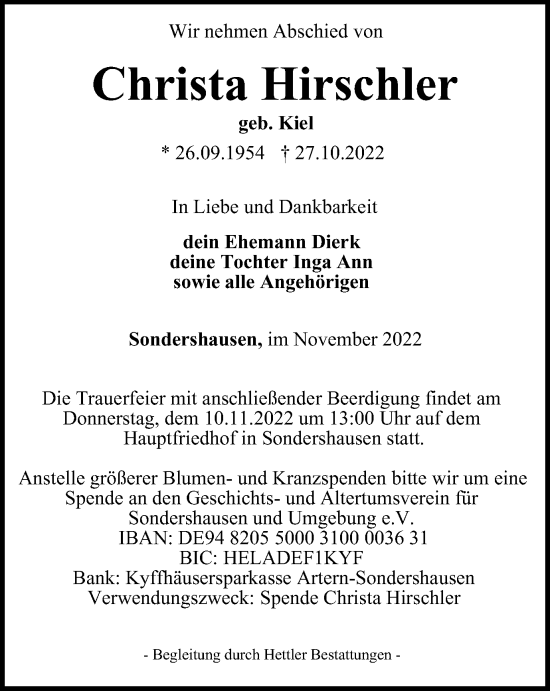 Traueranzeigen von Christa Hirschler | trauer-in-thueringen.de