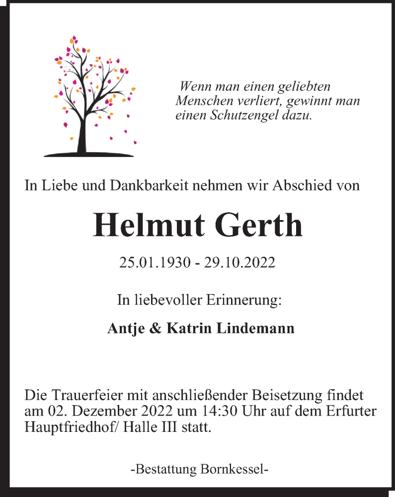 Traueranzeigen von Helmut Gerth | trauer-in-thueringen.de