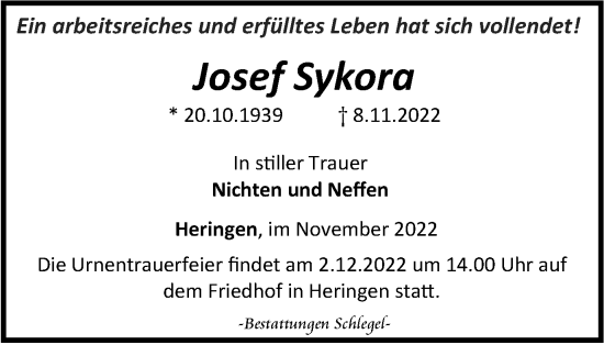 Traueranzeigen von Josef Sykora | trauer-in-thueringen.de
