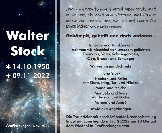 Traueranzeigen von Walter Stock | trauer-in-thueringen.de