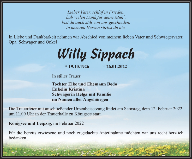 Traueranzeigen von Willy Sippach | trauer-in-thueringen.de