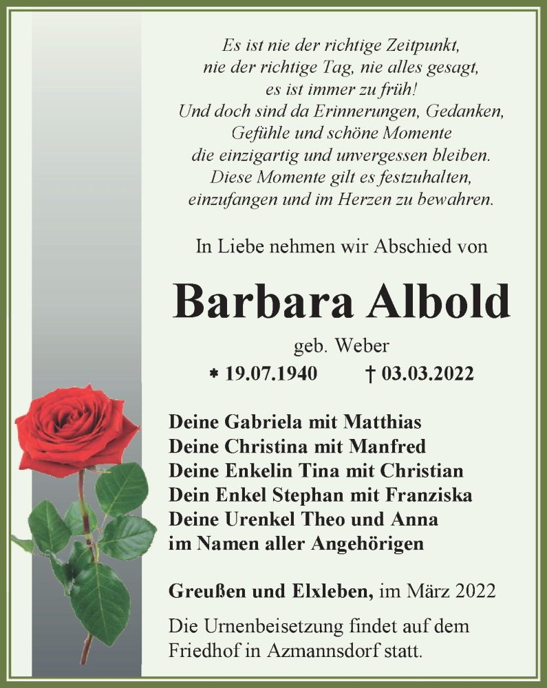 Traueranzeigen von Barbara Albold | trauer-in-thueringen.de