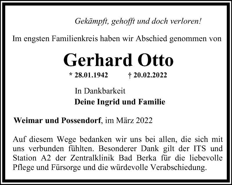 Traueranzeigen von Gerhard Otto | trauer-in-thueringen.de