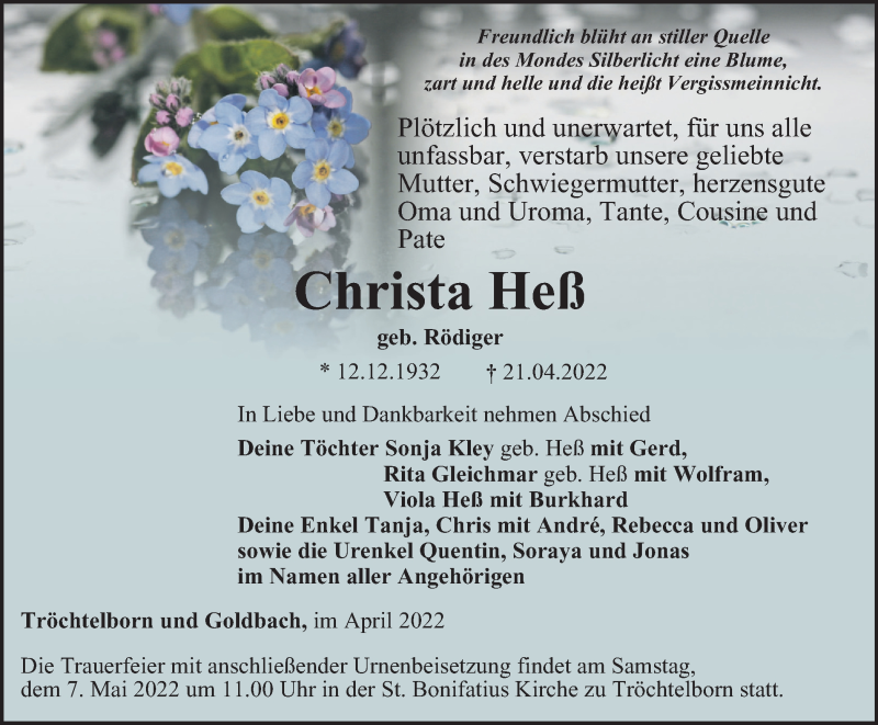 Traueranzeigen von Christa Heß | trauer-in-thueringen.de