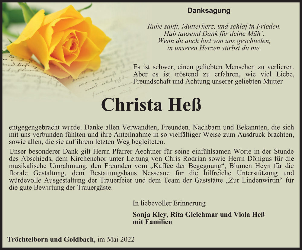 Traueranzeigen von Christa Heß | trauer-in-thueringen.de