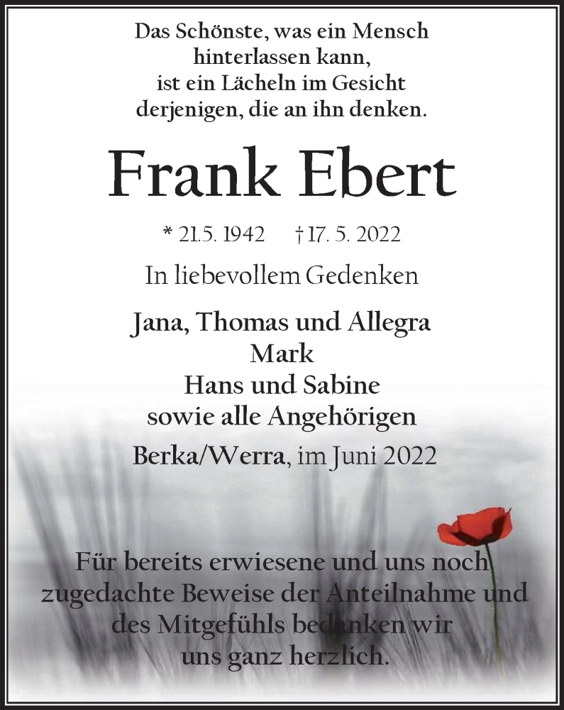 Traueranzeigen von Frank Ebert | trauer-in-thueringen.de