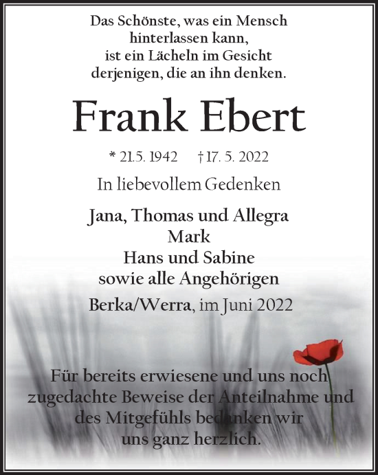 Traueranzeigen von Frank Ebert | trauer-in-thueringen.de