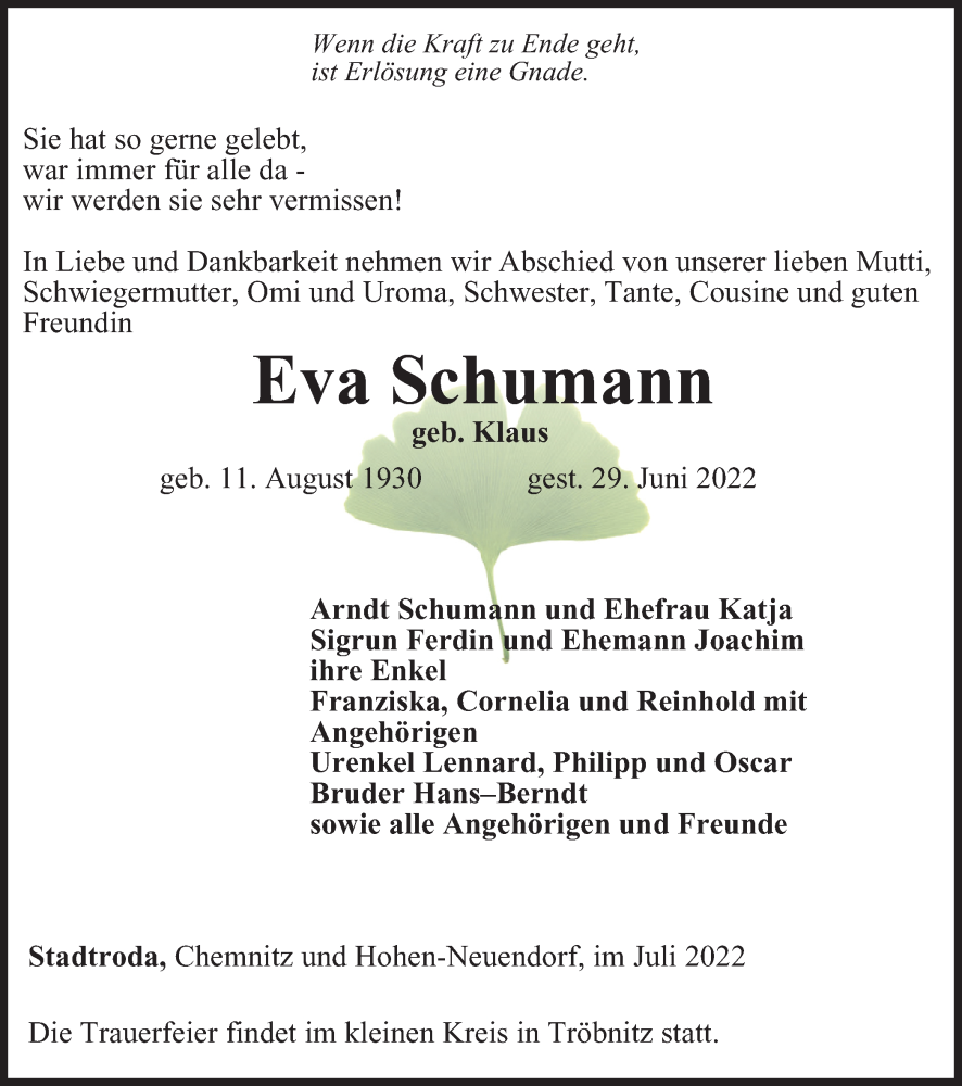 Traueranzeigen von Eva Schumann | trauer-in-thueringen.de