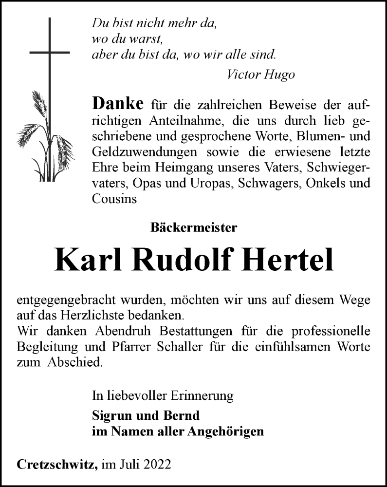 Traueranzeigen von Karl Rudolf Hertel | trauer-in-thueringen.de