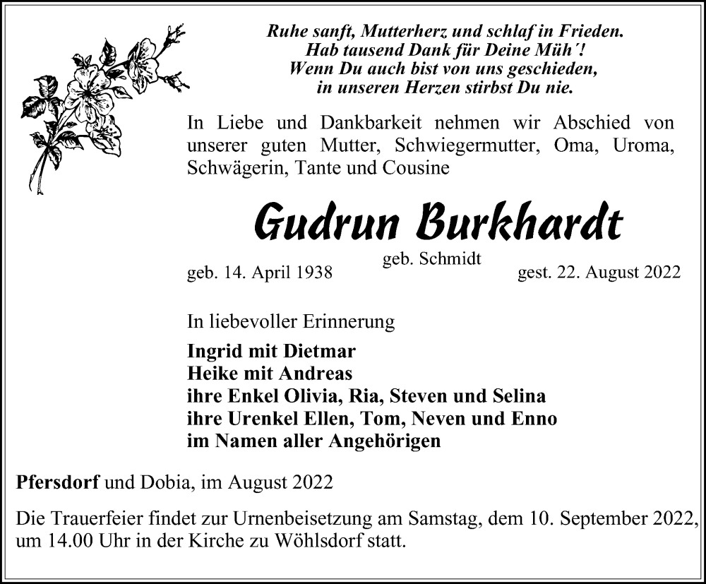 Traueranzeigen von Gudrun Burkhardt | trauer-in-thueringen.de