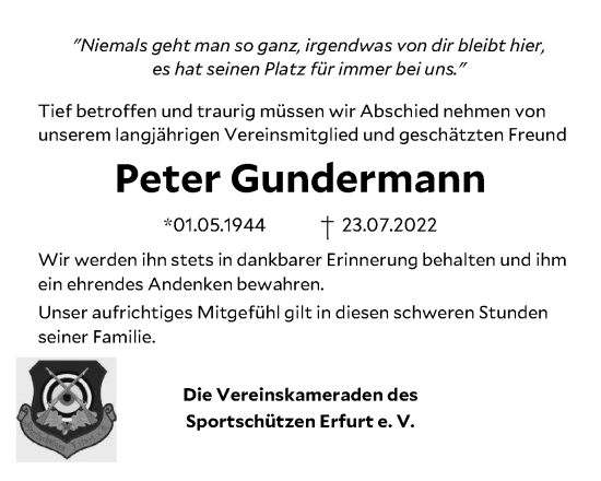 Traueranzeigen von Peter Gundermann | trauer-in-thueringen.de