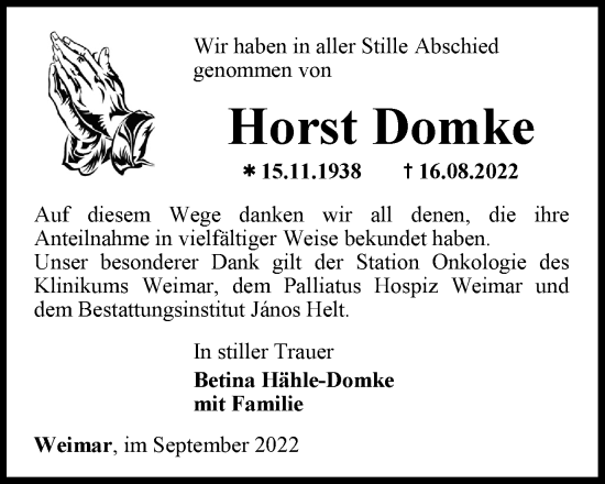 Traueranzeigen von Horst Domke | trauer-in-thueringen.de