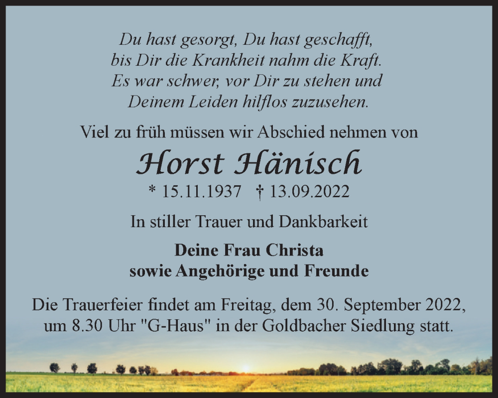Traueranzeigen von Horst Hänisch | trauer-in-thueringen.de