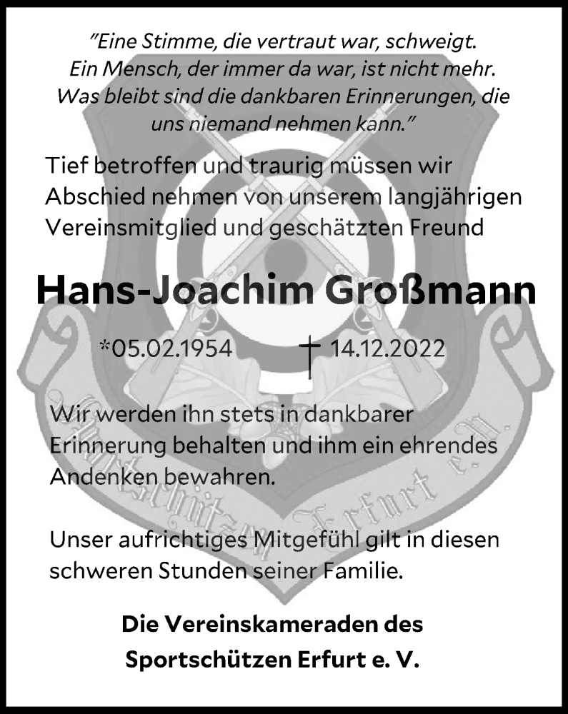 Traueranzeigen von Hans-Joachim Großmann | trauer-in-thueringen.de