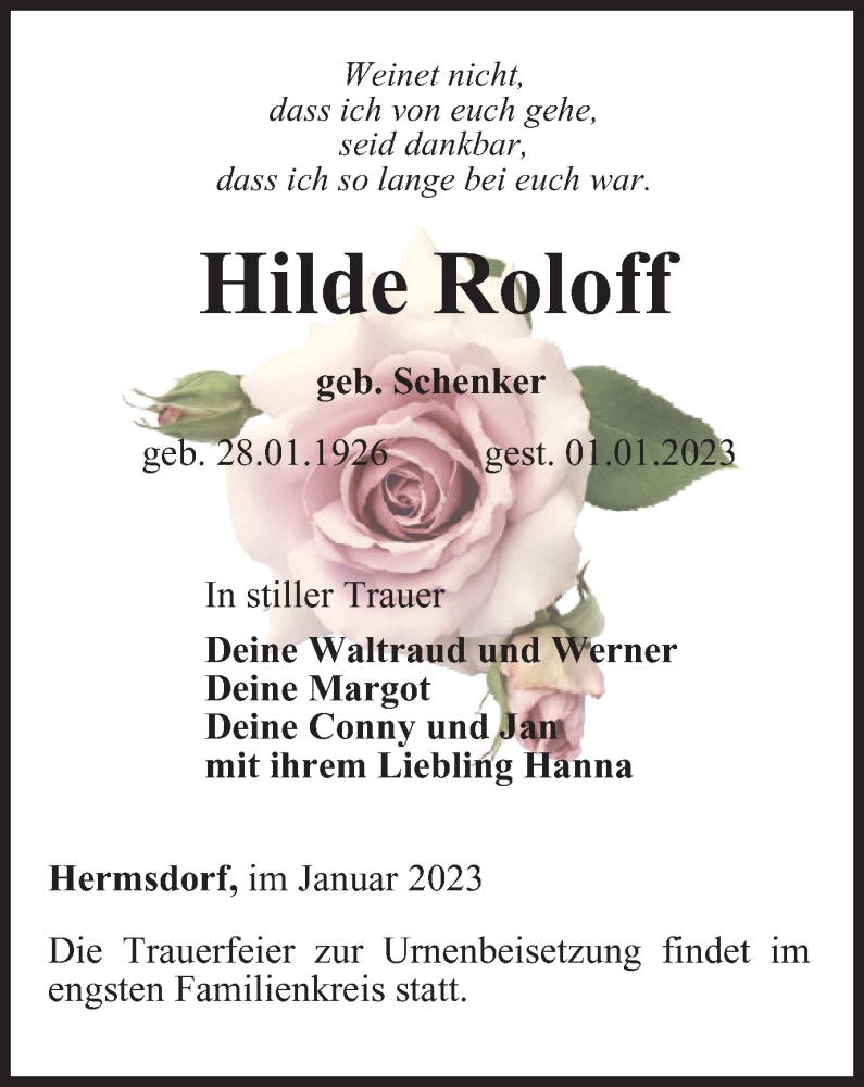 Traueranzeigen von Hilde Roloff | trauer-in-thueringen.de