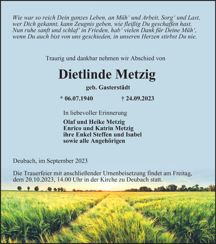 Traueranzeigen von Dietlinde Metzig | trauer-in-thueringen.de