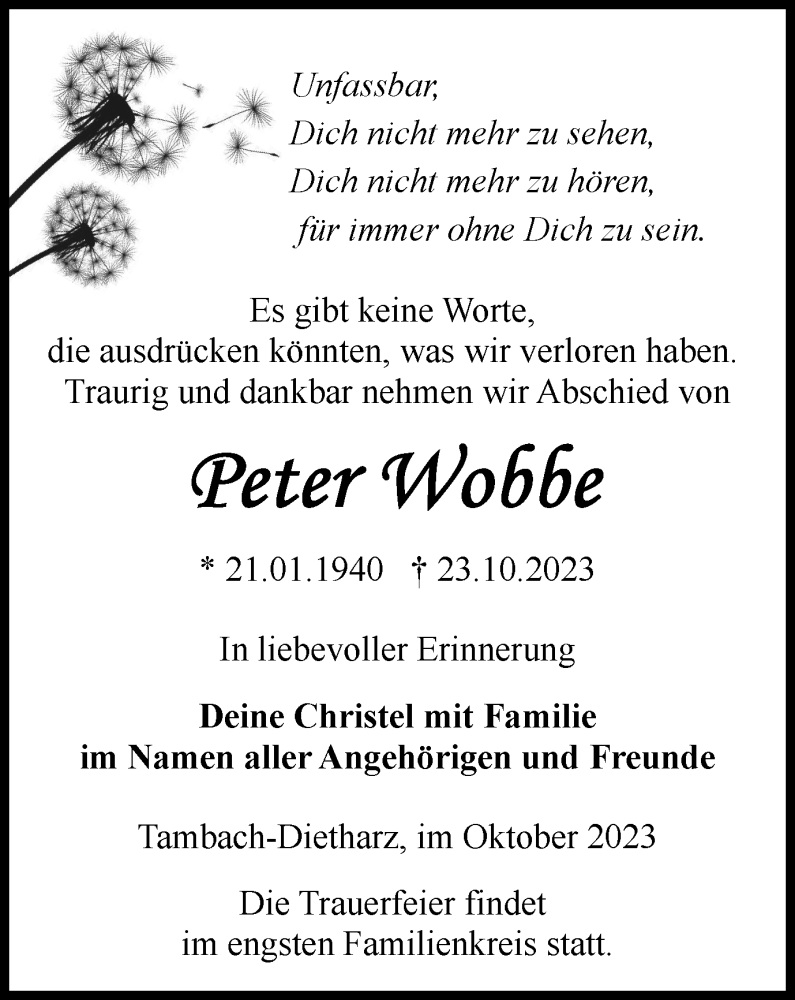 Traueranzeigen von Peter Wobbe | trauer-in-thueringen.de