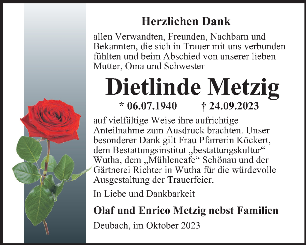 Traueranzeigen von Dietlinde Metzig | trauer-in-thueringen.de