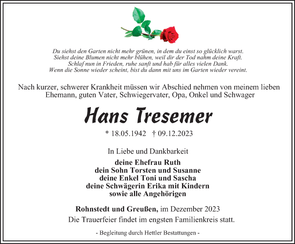Traueranzeigen von Hans Tresemer | trauer-in-thueringen.de