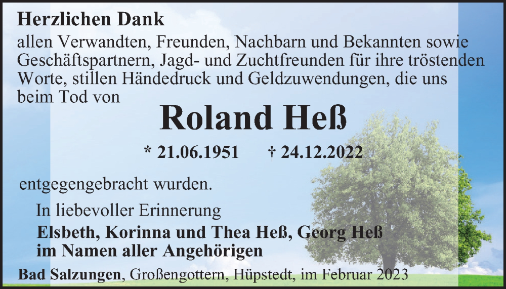 Traueranzeigen von Roland Heß | trauer-in-thueringen.de