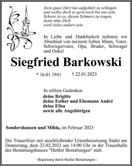 Traueranzeigen von Siegfried Barkowski | trauer-in-thueringen.de