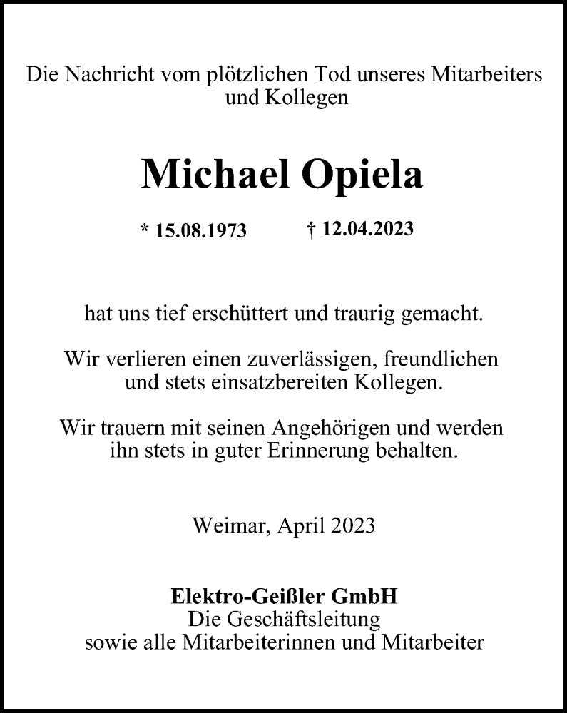 Traueranzeigen von Michael Opiela | trauer-in-thueringen.de