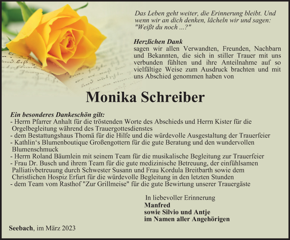 Traueranzeigen von Monika Schreiber | trauer-in-thueringen.de Traueranzeigen von Monika Schreiber | trauer-in-thueringen.de
